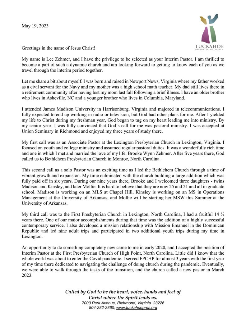 A Letter from our Interim Pastor - Tuckahoe Presbyterian Church